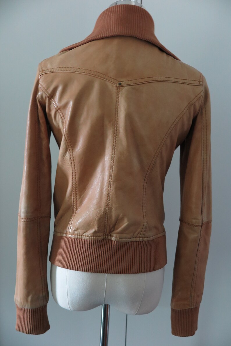 Women's Short Bomber Leather Jacket Tan Camel Size Small - Etsy
