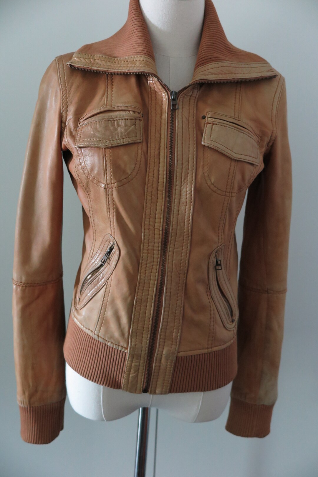 Women's Short Bomber Leather Jacket Tan Camel Size Small - Etsy