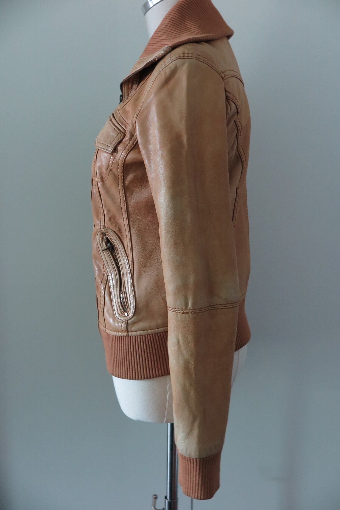 Women's Short Bomber Leather Jacket Tan Camel Size Small - Etsy