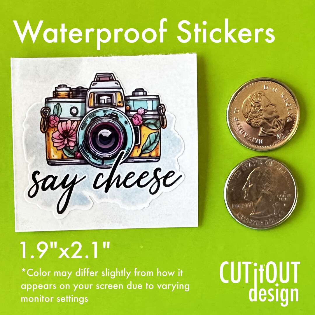 WATERPROOF STICKERS Camera Say Cheese, Photographer Glossy Finish Decal ...