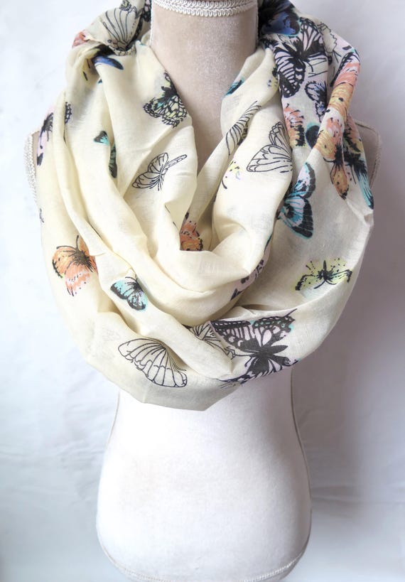Beige Butterfly Print Infinity / Long Scarf Women's - Etsy