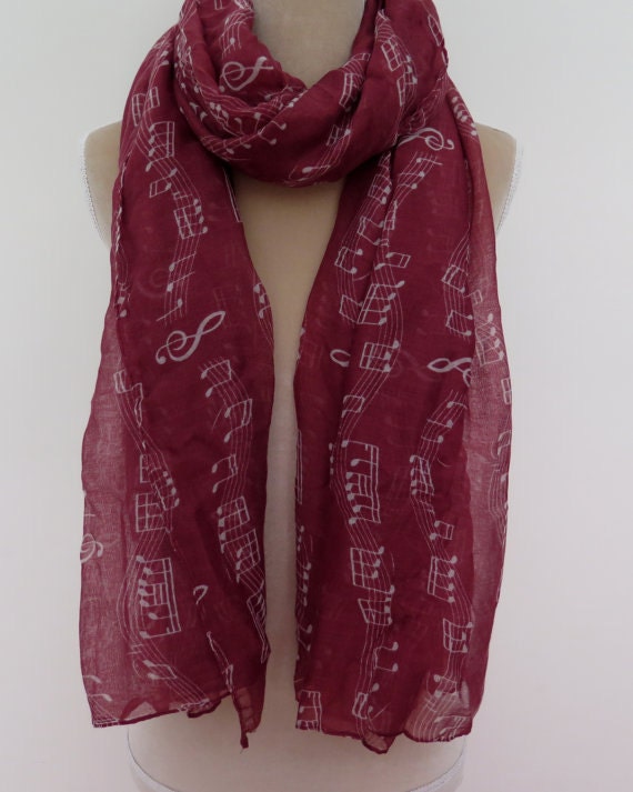 Dark Red Music Notes Print Infinity / Long Scarf Women's Accessories ...