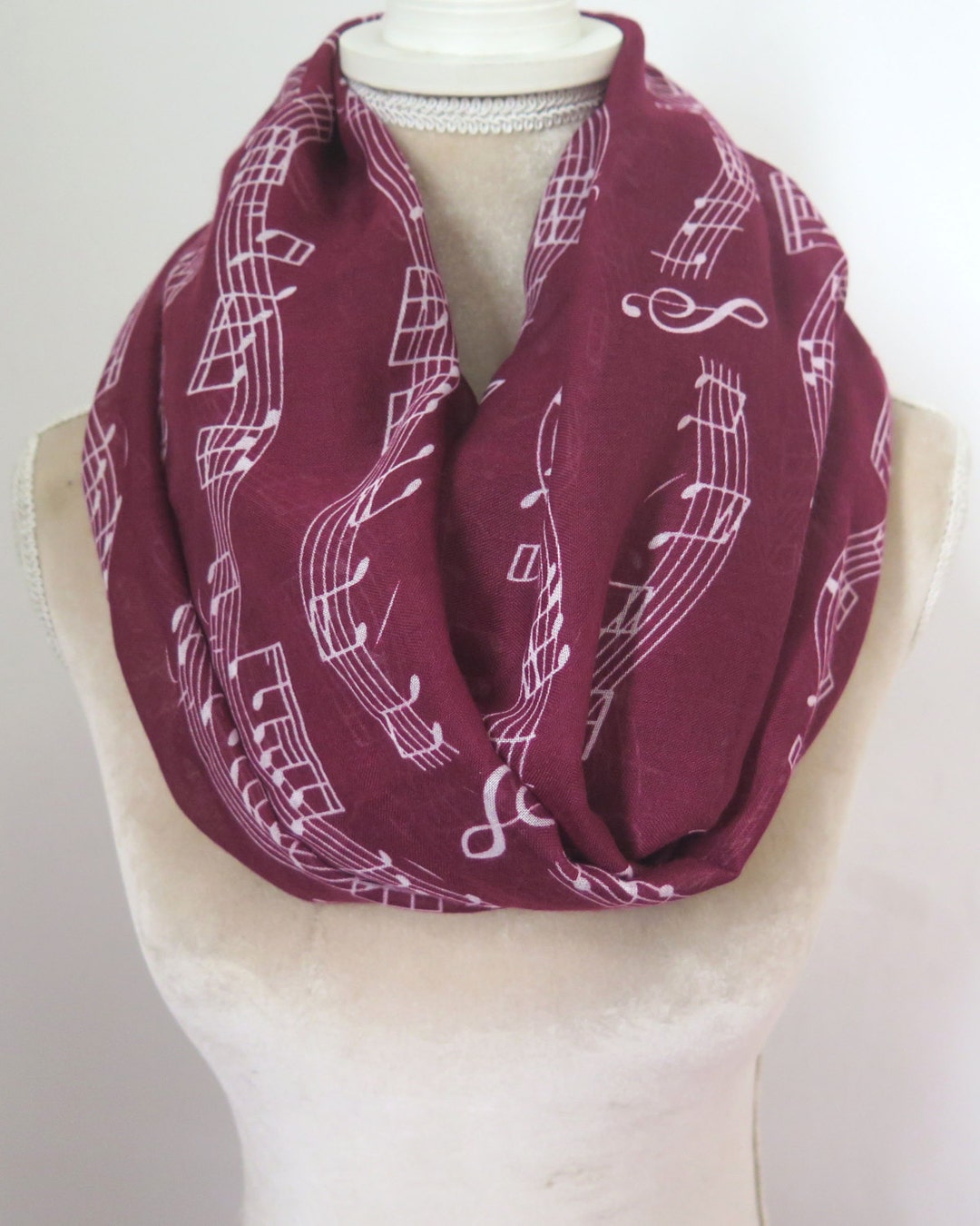 Dark Red Music Notes Print Infinity / Long Scarf Women's Accessories ...