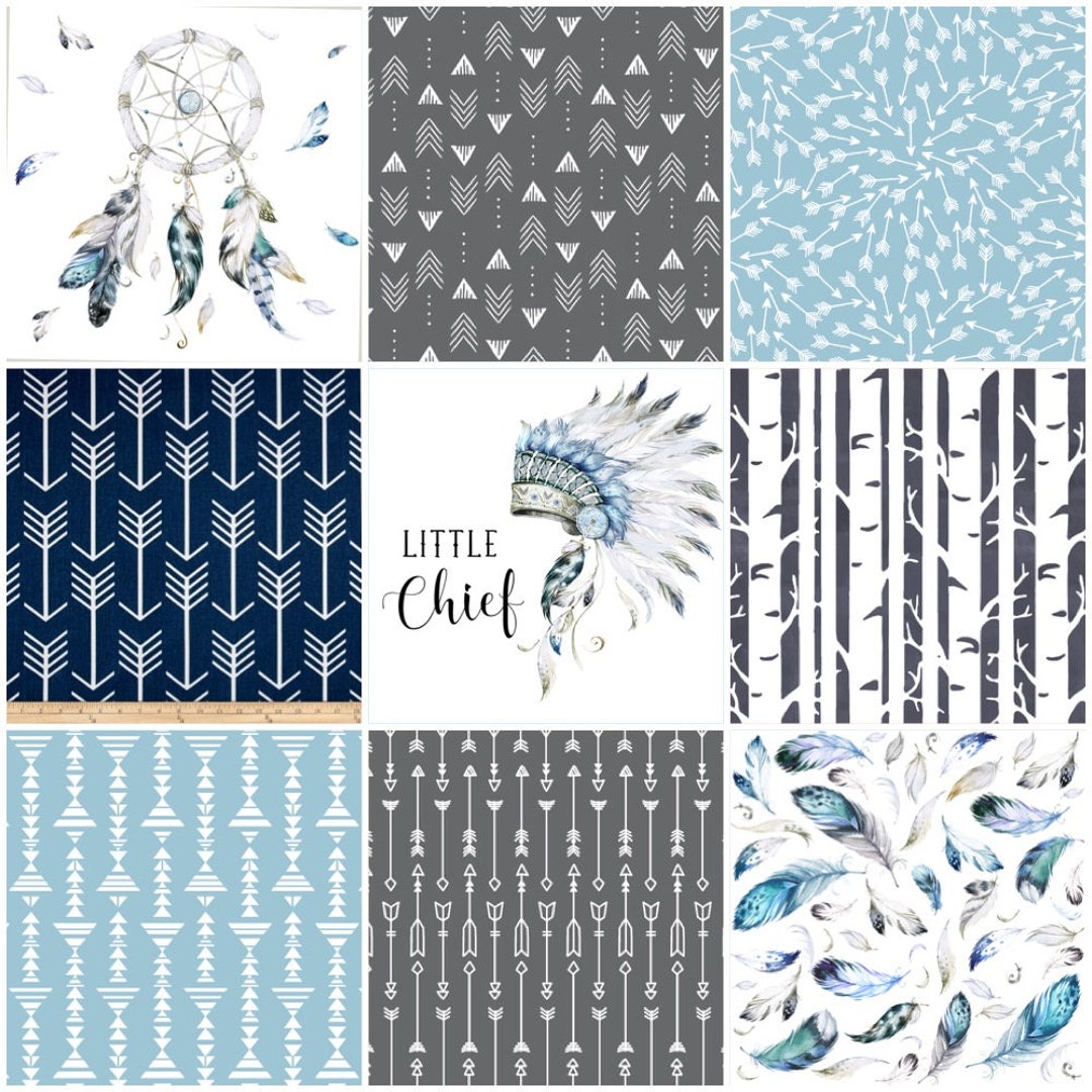 Little Chief Baby Boy Bedding in Navy, Light Blue and Gray With a ...
