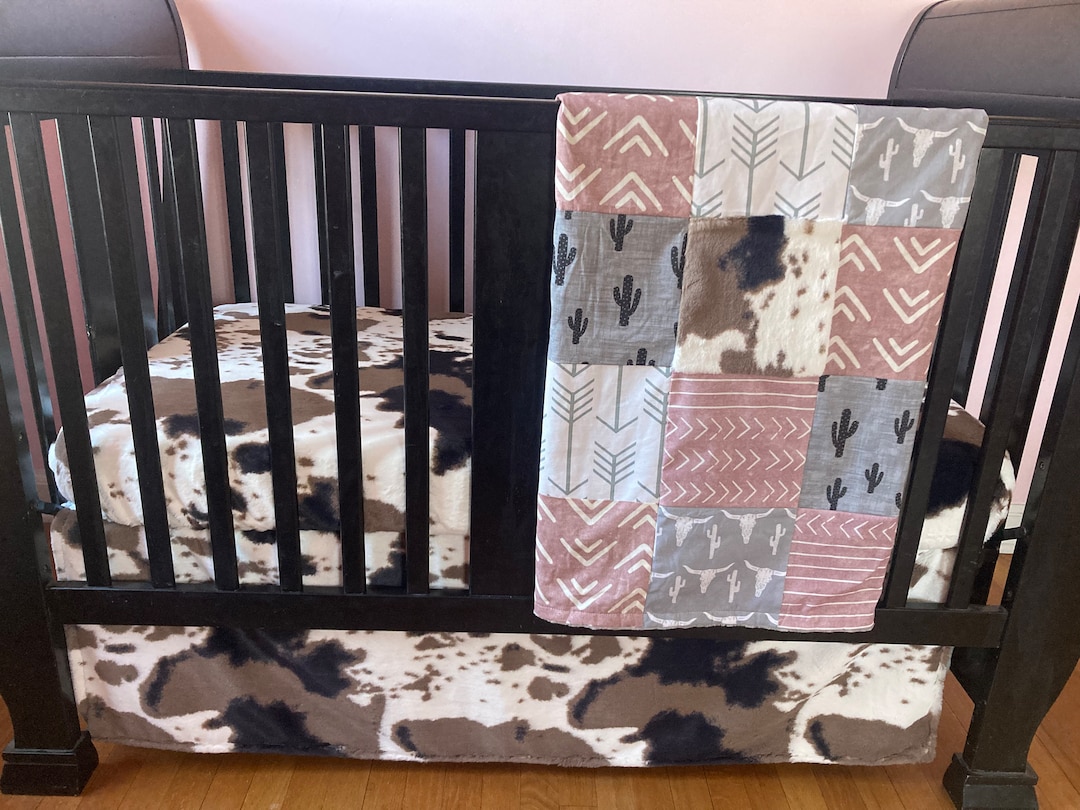 Western Baby Girl Crib Bedding Set in Gray and Pink With Cactus ...