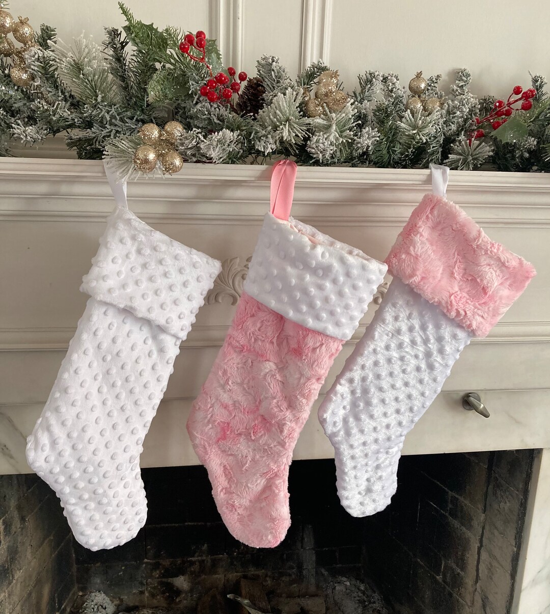 Christmas Stocking in Solid White Minky Dot and Pink Minky Faux Fur ...