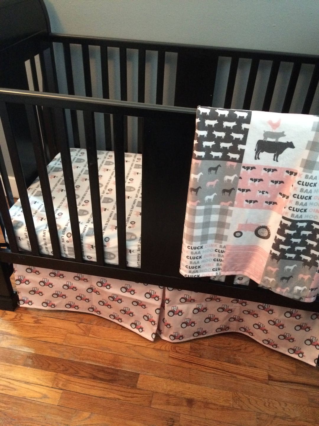 Custom Crib Bedding Set, Made to Order, Farm Theme Featuring Pink and ...