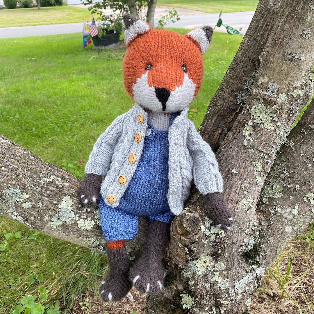 Fletcher the Hand Knit Fox With Overalls & Cable Knit Sweater Stuffed ...