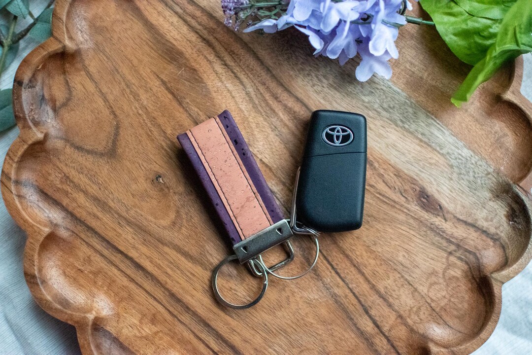 Cork Pocket Key Fob – Purple and Peach Pink– Vegan Leather Keychain ...