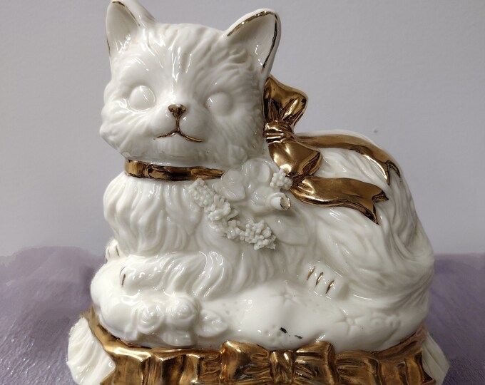 Vintage Lefton Music Box White Gold Porcelain Kitty Cat Playing "memory ...