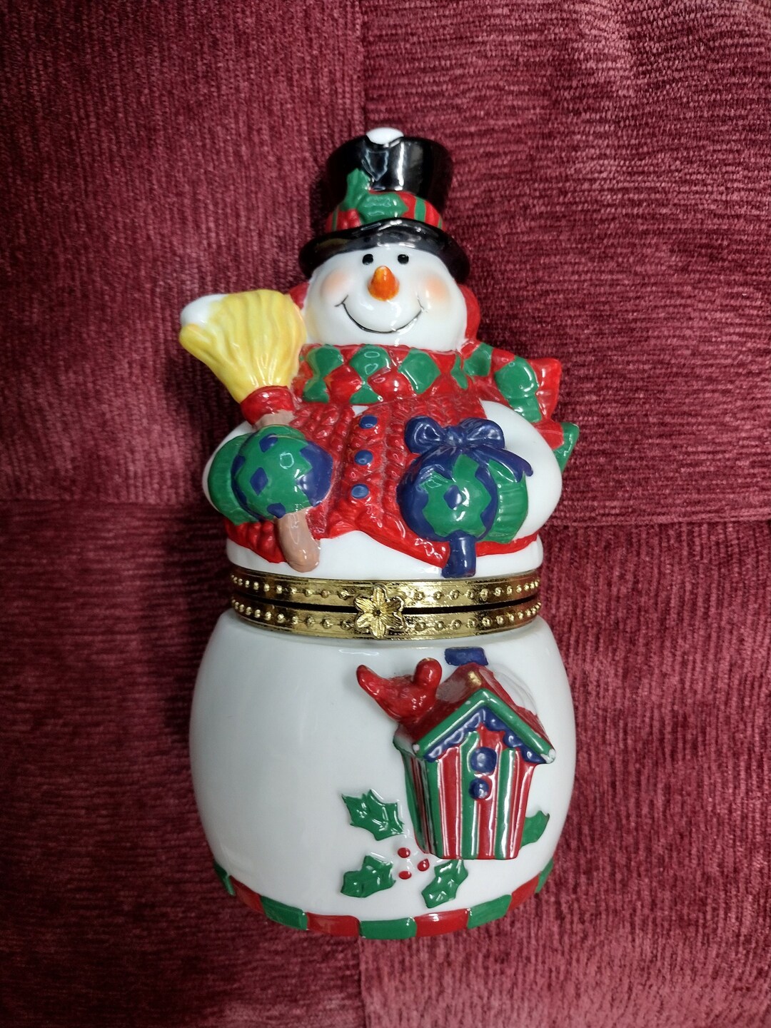 Vintage GAC Trinket Box Large Glazed Snowman 1998 Porcelain Caramel ...
