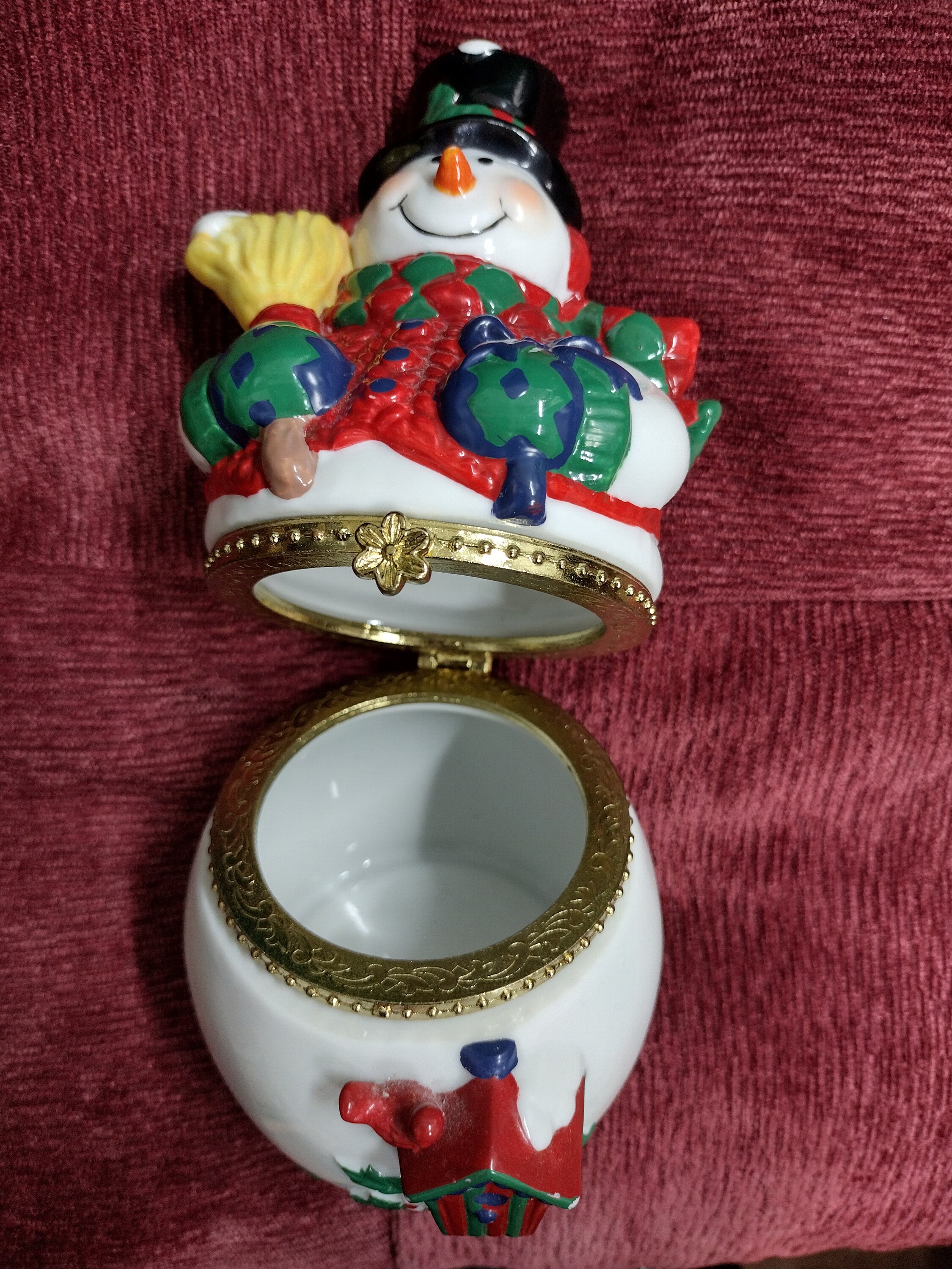 Vintage GAC Trinket Box Large Glazed Snowman 1998 Porcelain Caramel ...