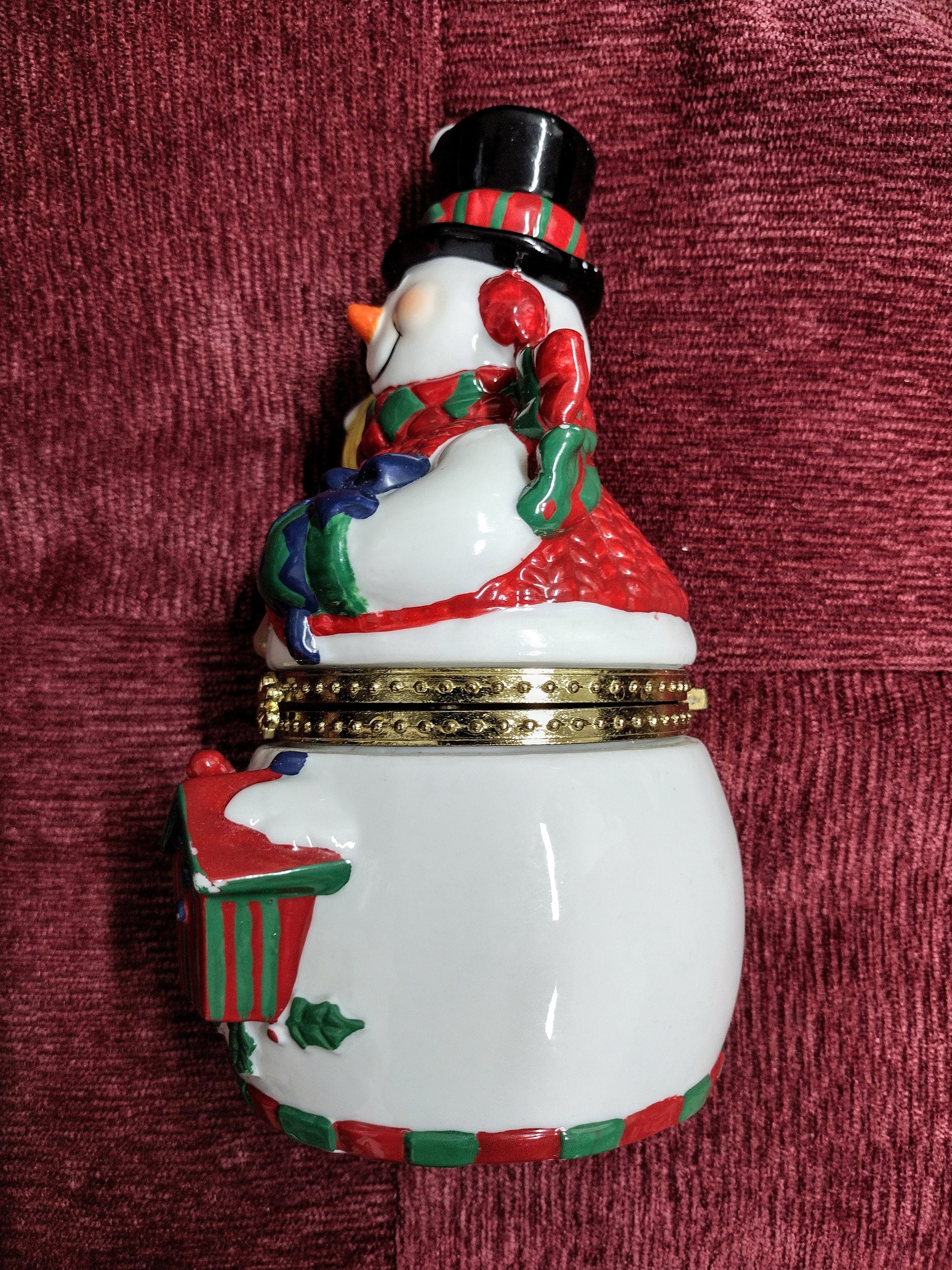 Vintage GAC Trinket Box Large Glazed Snowman 1998 Porcelain Caramel ...