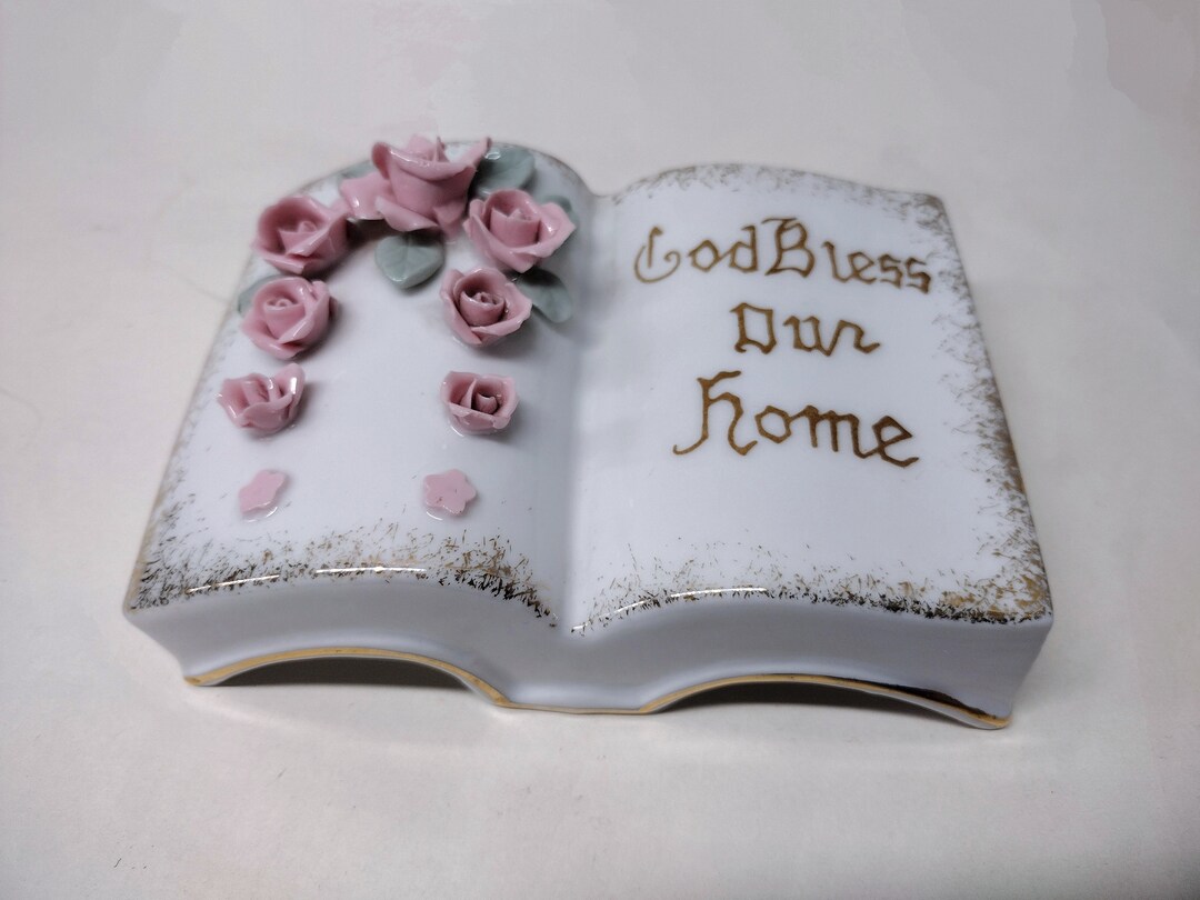 Vintage Lefton China Porcelain Book Plaque "god Bless Our Home" Gold ...