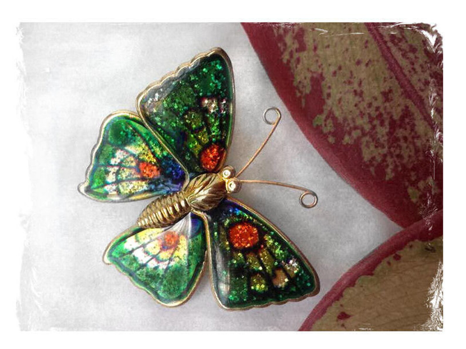 Vintage Enamel Glitter Shimmer Butterfly Brooch,gold Tone Rivet Joined ...