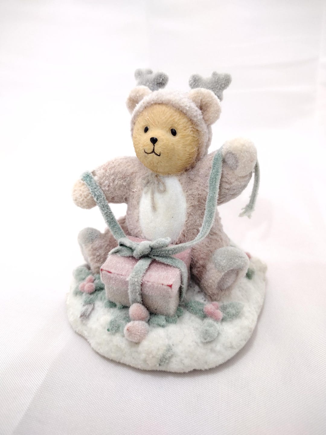 Vintage Flocked Velvet Teddy Bear Figurine "opening the Presents ...