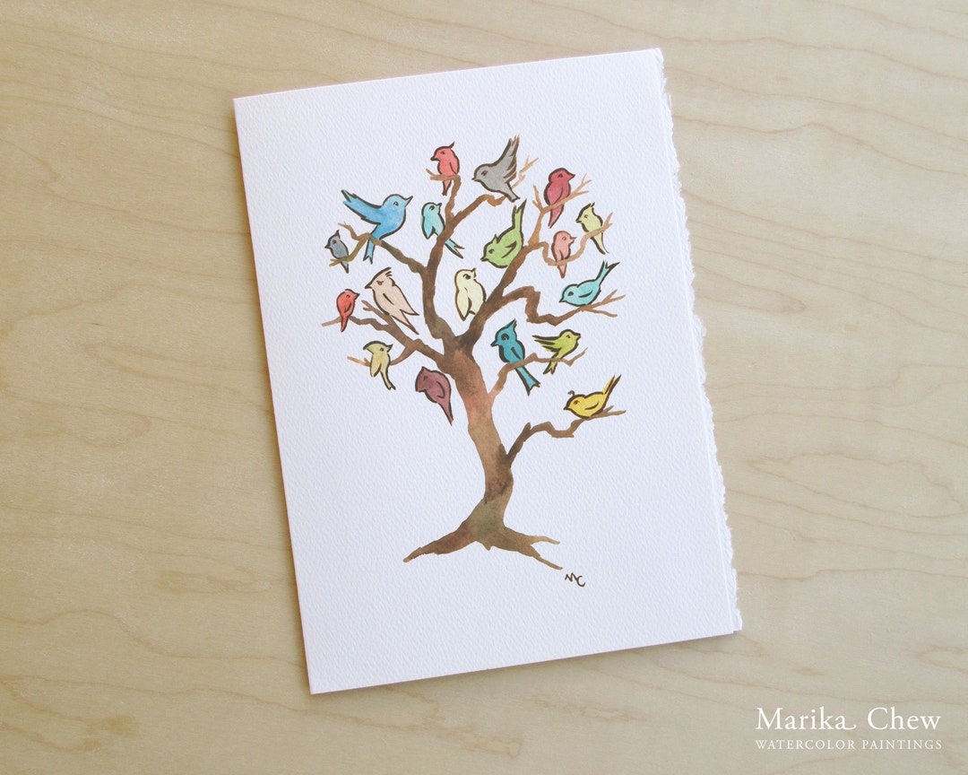 Tree of Birds Watercolor Card // Bird Greeting Card // 5 X 7 Size ...