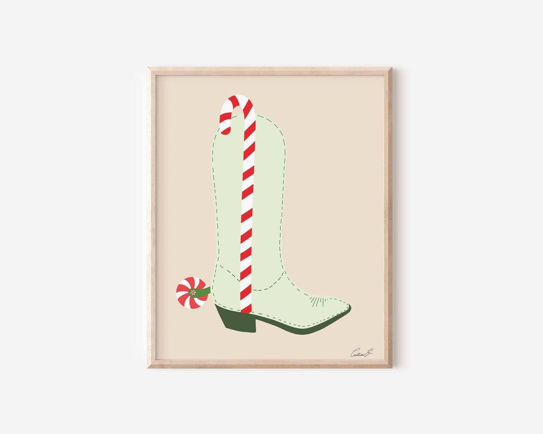 Candy Cane Christmas Cowboy Boot Wall Art Print | Texmas Art ...