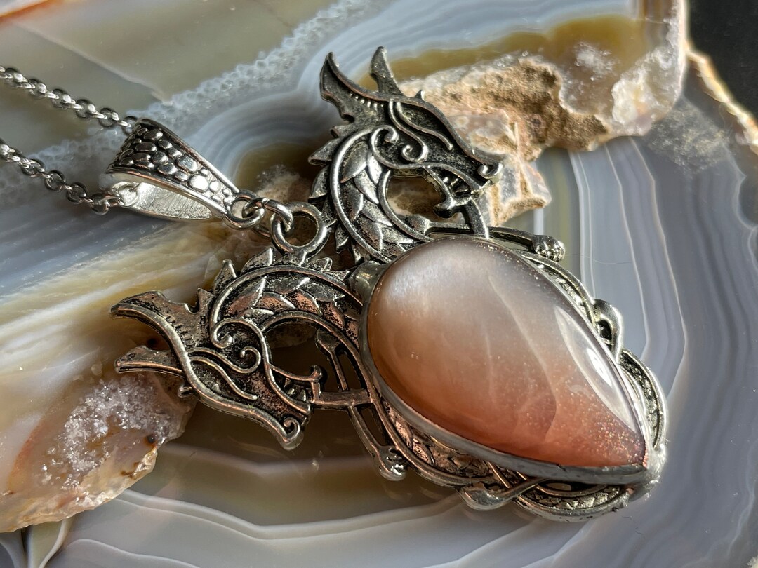 Nordic Dragon Peach Moonstone Pendant Viking Double Serpent Jormungandr ...