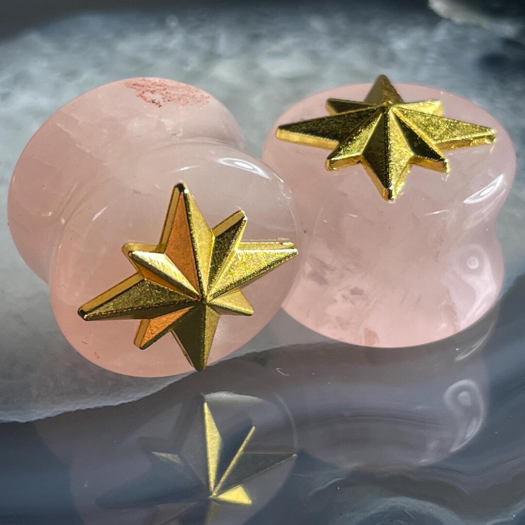 Rose Quartz Nautical Star Plugs 5/8” 16.2mm Double Flare Crystal Plugs ...