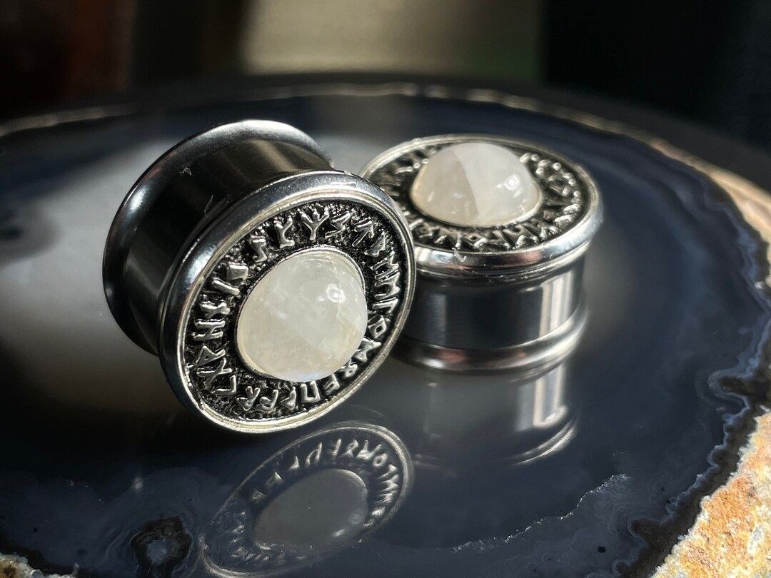 Moonstone Futhark Rune Plugs 13/16” 20mm Stainless Steel Screw Tunnels ...