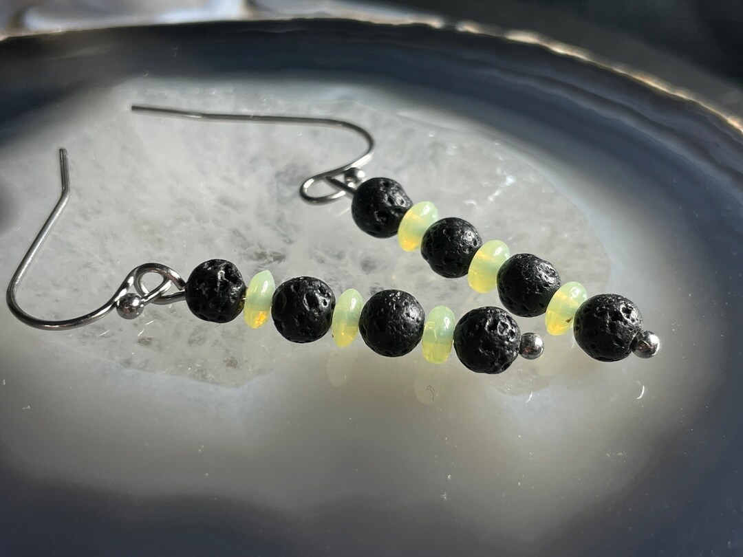 Uranium Glass & Black Lava Dangle Earrings Minimalist UV Reactive ...