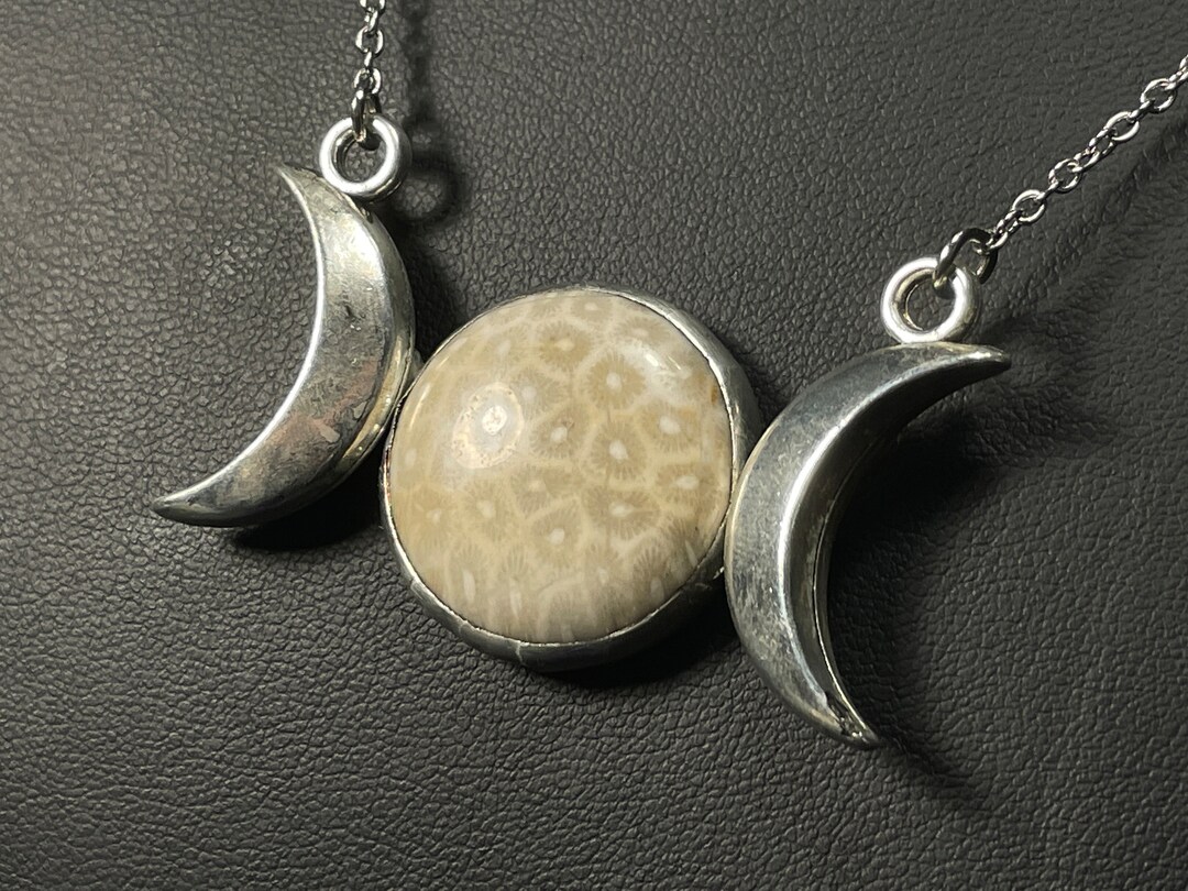 Fossil Coral Triple Moon Goddess Necklace Pagan Wiccan Esbat Lunar ...