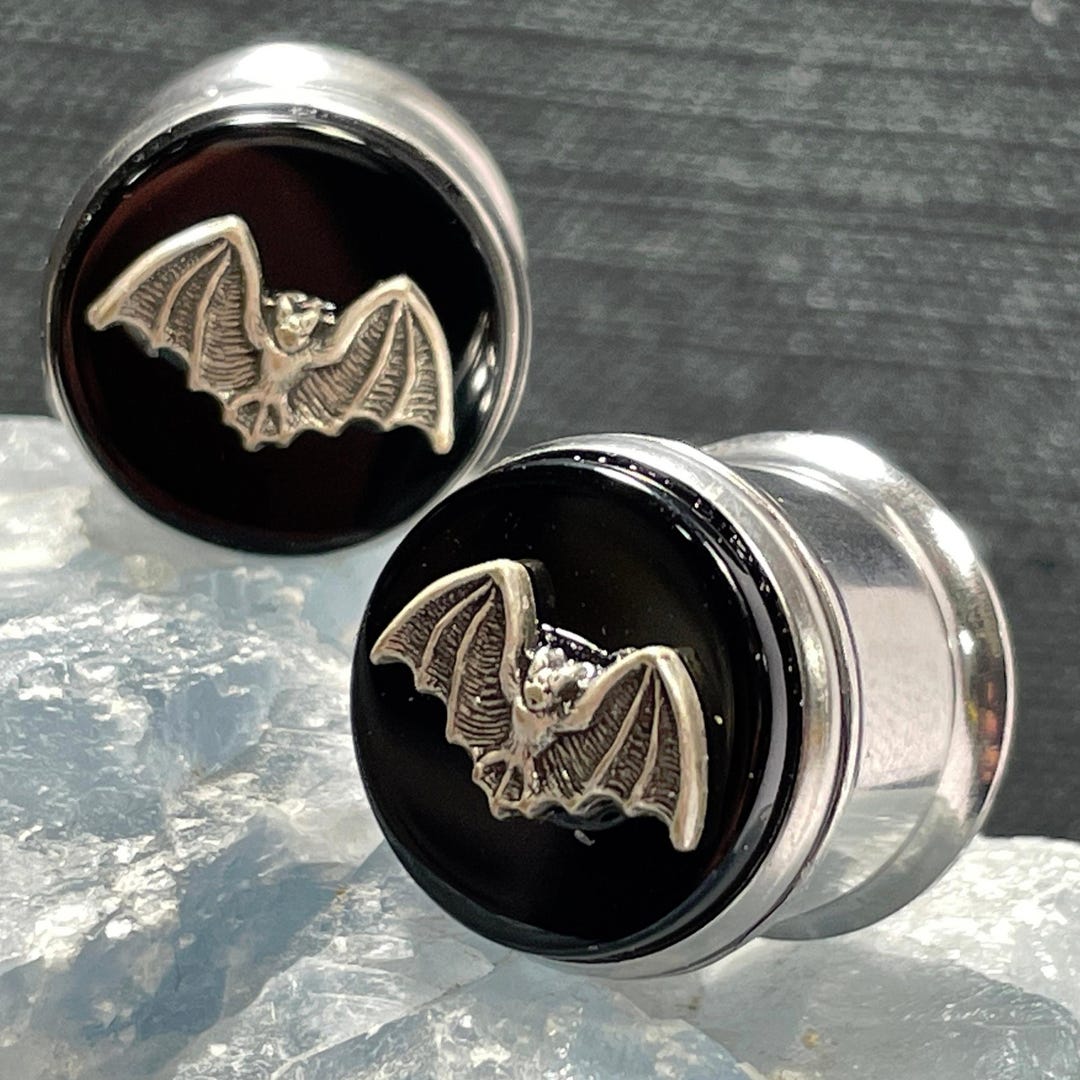 Black Agate Bat Plugs 9/16” 14mm Stainless Steel Screw Back Tunnels - Etsy