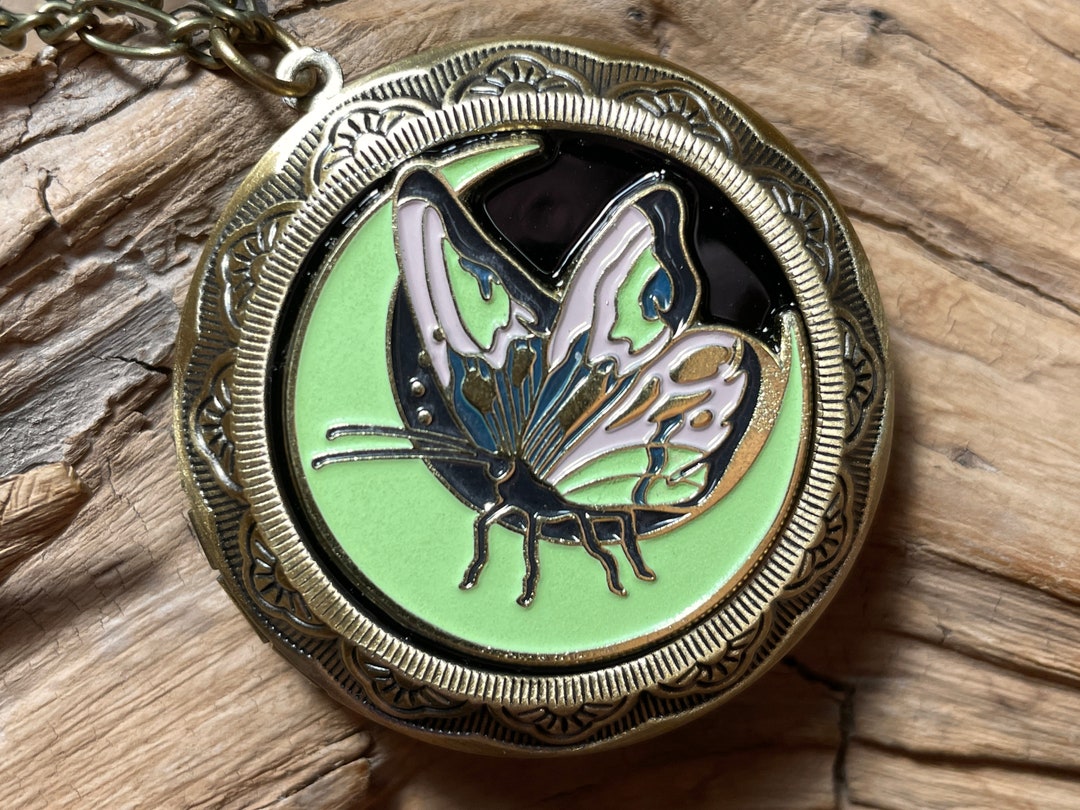 Glowing Moth Locket Antiqued Brass Stainless Steel Glow in the Dark ...