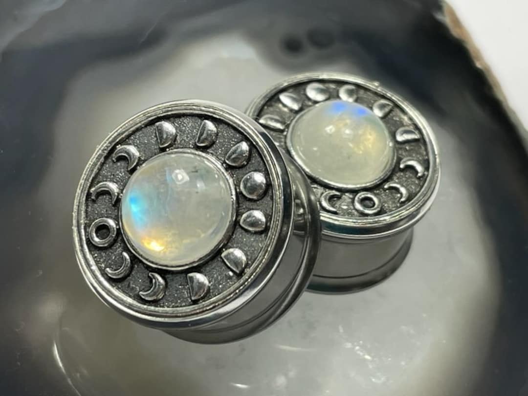 Crystal Moon Phase Plugs 13/16 20mm PAIR Stainless Gemstone Rose Smoky ...