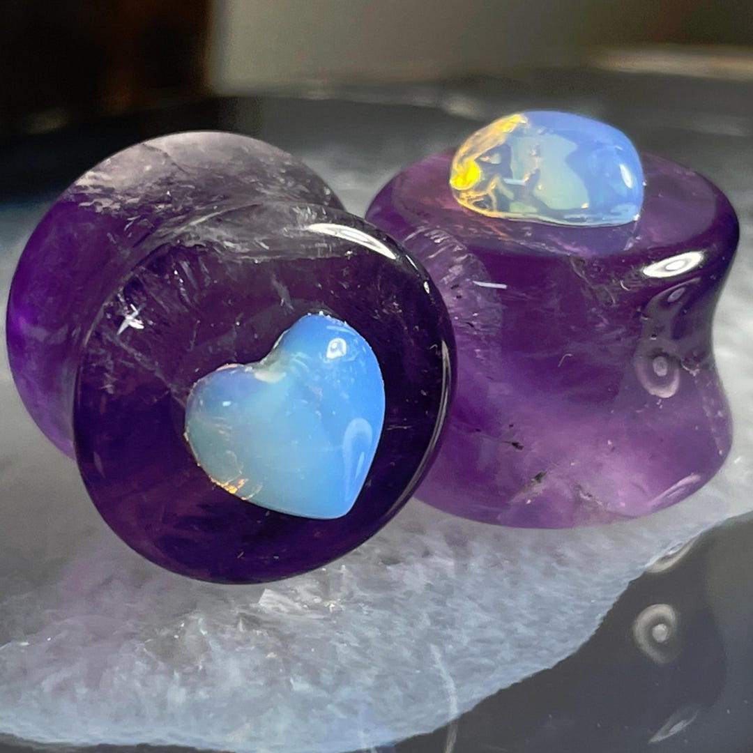 Amethyst & Opalite Heart Plugs 9/16” 14.2mm Solid Stone, Double Flare ...