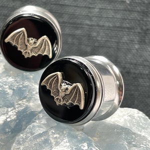 Black Agate Vampire Bat Plugs 9/16” (14mm) PAIR Stainless Steel Screw ...