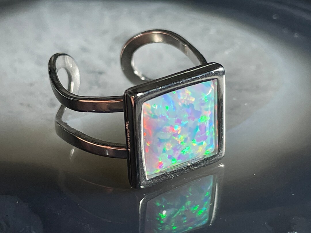 Synthetic Opal Stainless Ring Adjustable Wide Band Steel Square Cuff ...