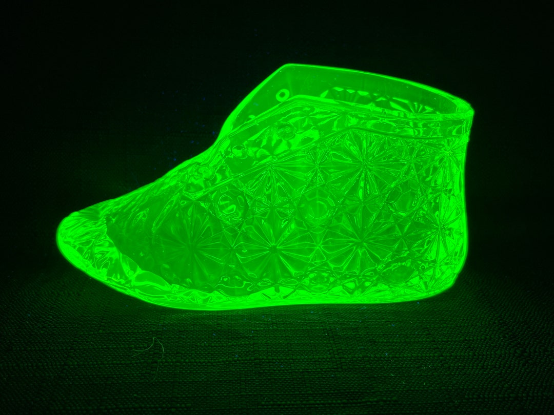 Uranium Glass Baby Shoe Slipper Booty Daisy Button Vaseline Yellow ...