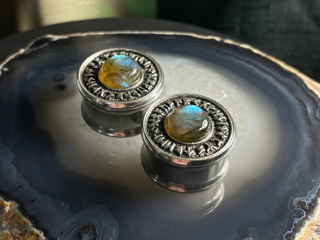 Labradorite Rune Plugs 13/16 20mm PAIR Viking Elder Futhark Stainless ...