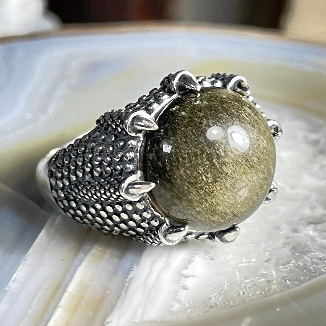 Obsidian Dragon Claw Signet Ring 925 Sterling Men's Adjustable Antiqued ...
