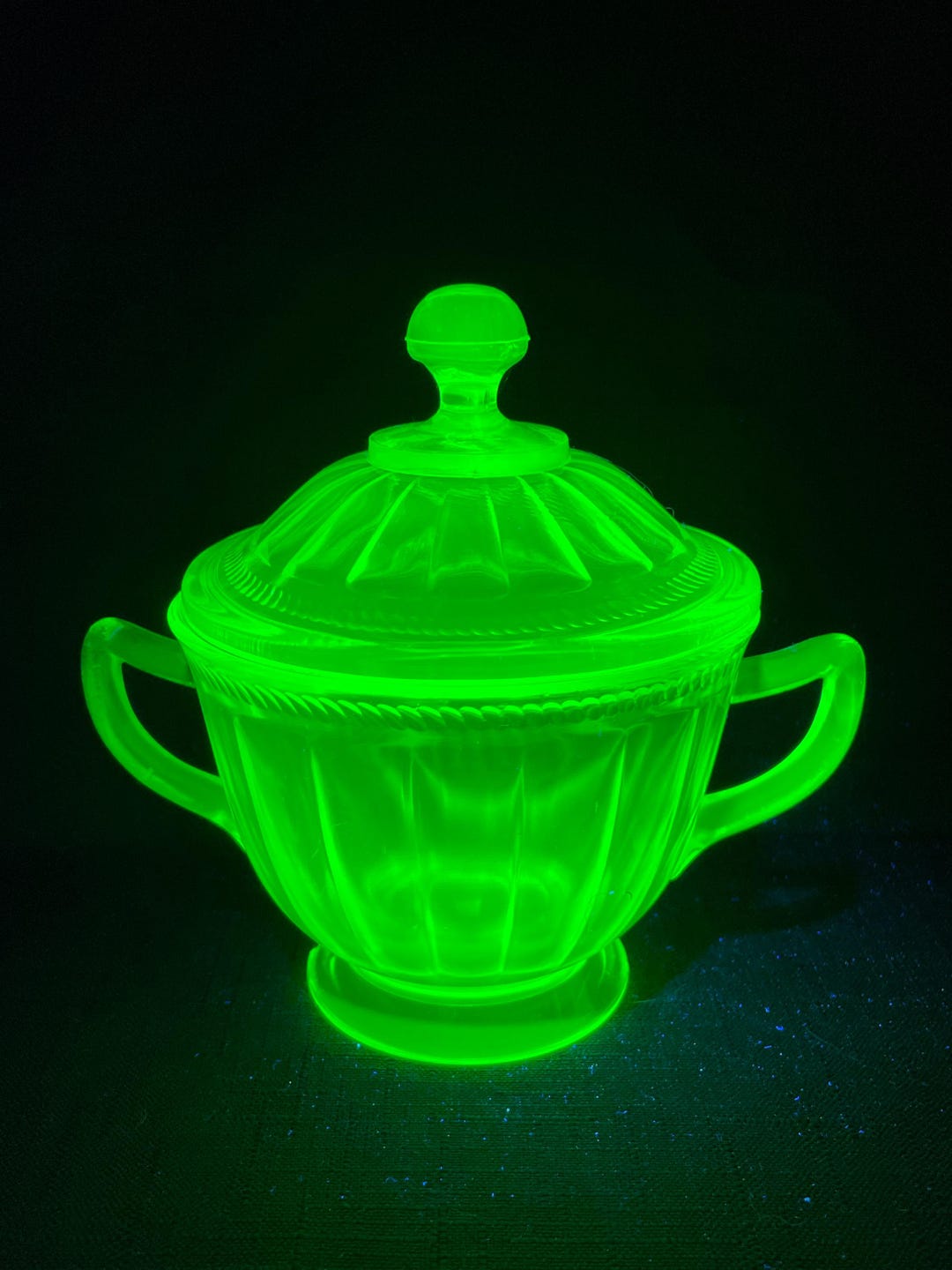 Uranium Glass Covered Sugar Bowl W/ Lid Footed Candy Dish Green UV ...