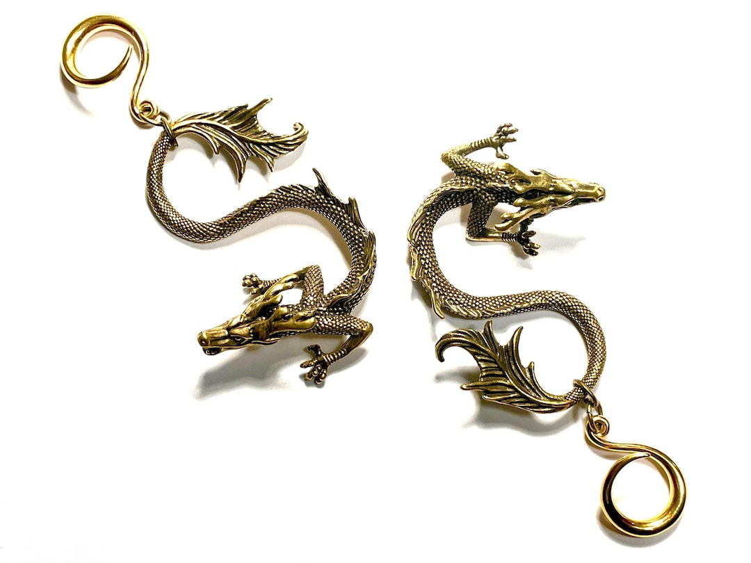 Dragon Ear Hangers 6g-00g PAIR Asian Eastern Zodiac Wyrm Brass Weights ...