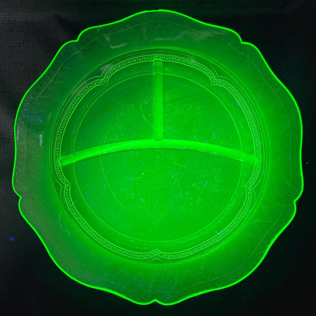 Uranium Glass Divided Plate 11" 3 Compartment Federal Madrid Pattern UV ...