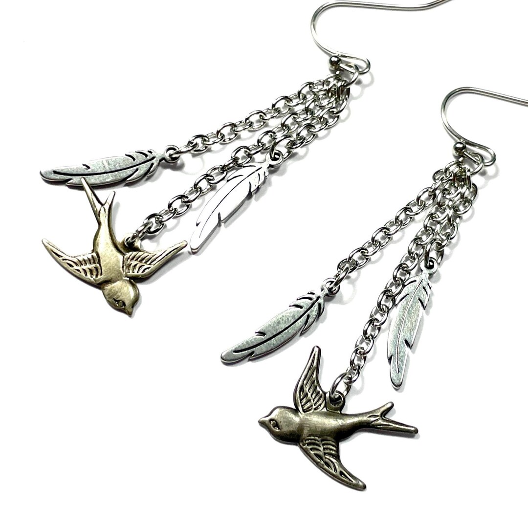 Bird & Feather Duster Earrings Antiqued Silver W/ Stainless Hooks - Etsy