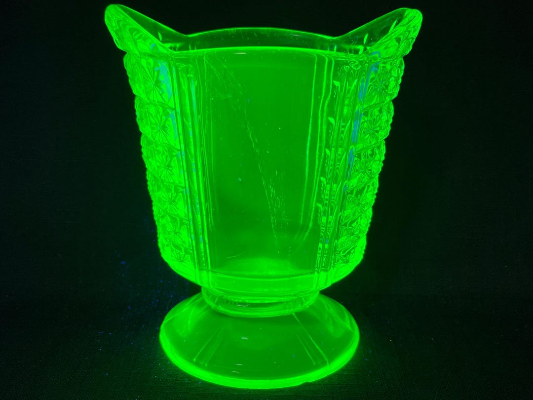 Uranium Glass Footed Vase Container Geometric UV Reactive Vaseline ...