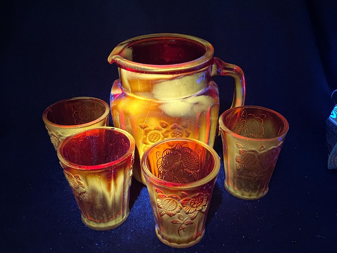 Cadmium Glass Pitcher 5pc Red Amberina Set With Four Tumblers UV ...