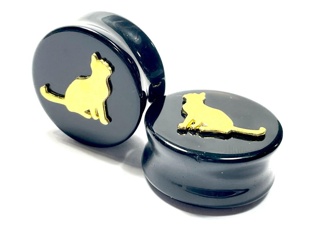 Black Onyx Cat Plugs 1” (25.7 Mm) PAIR Two Sided Custom Double Flare ...
