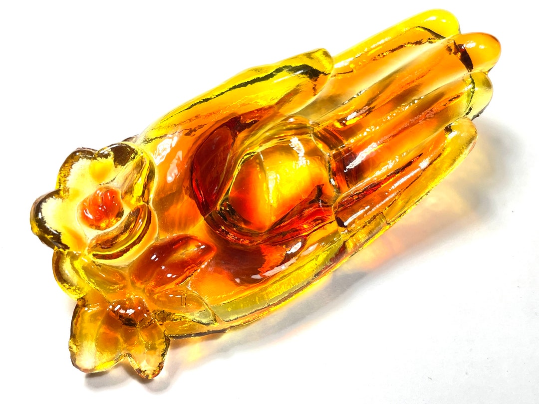 Cadmium Glass Hand Bowl Floral Hand Dish UV Reactive Amberina Art Glass ...