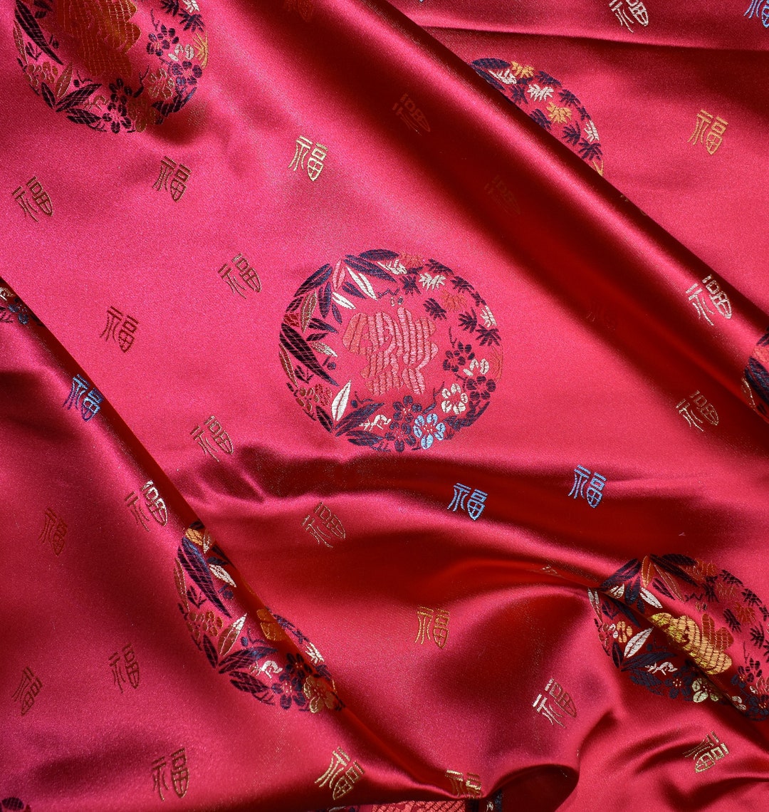 Red With Gold Medallion and Symbols Traditional Brocade Jacquard ...