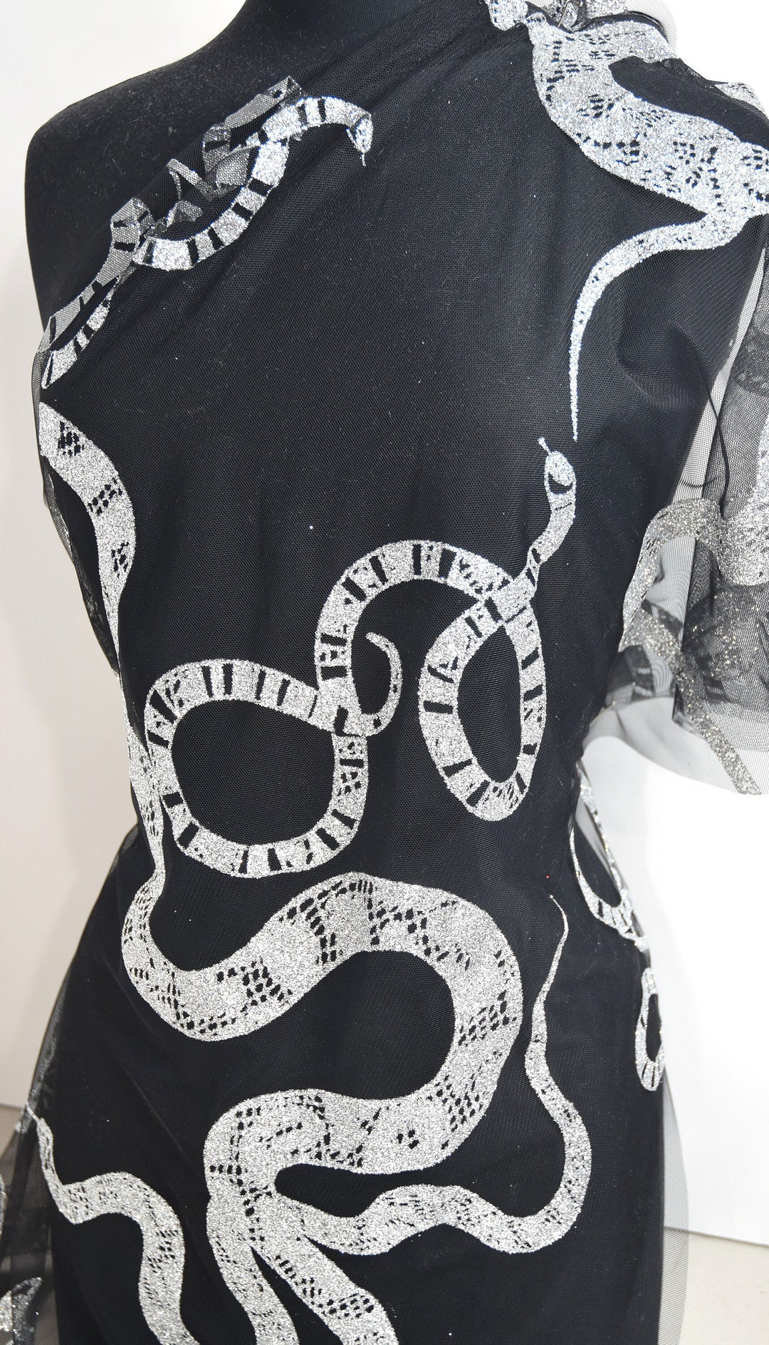Mystical Goth Silver Glitter Flocked Wicked Snake on Black Mesh ...