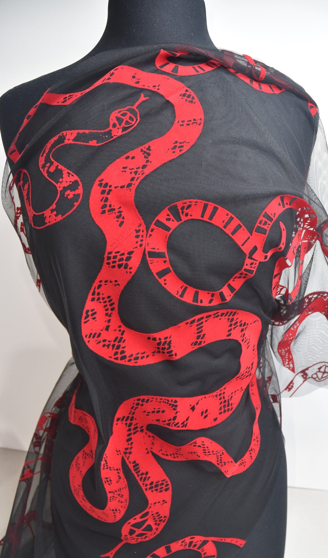 Mystical Goth Red Flocked Wicked Snake on Black Mesh Halloween Fabric ...