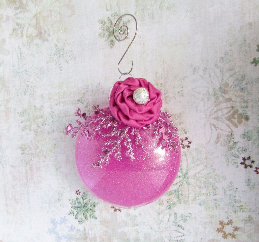 Pink Glitter Ornament With Pink Glitter Stems and Flower - Shatterproof ...