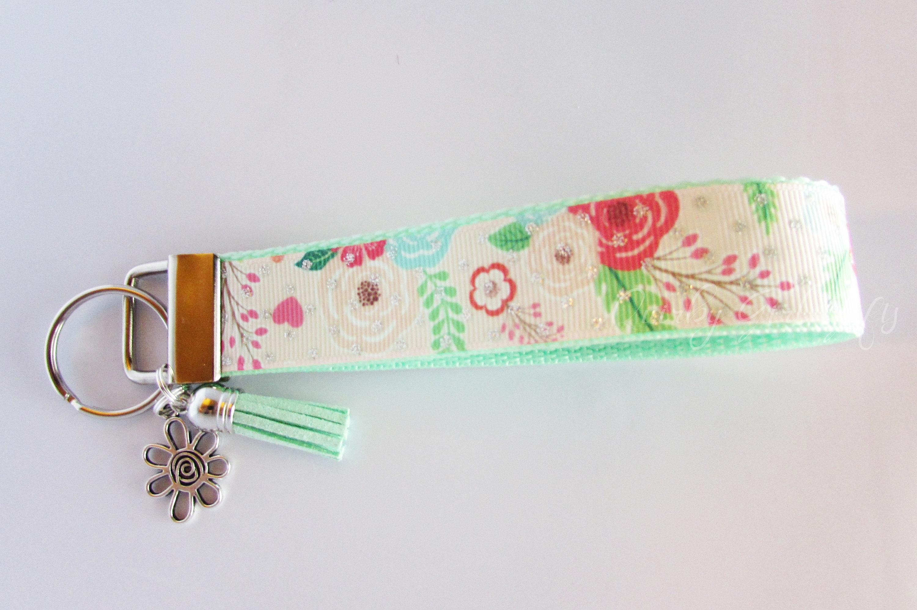 Roses Key Fob - Cabbage Roses and Vines Keychain - Floral Key Fob ...