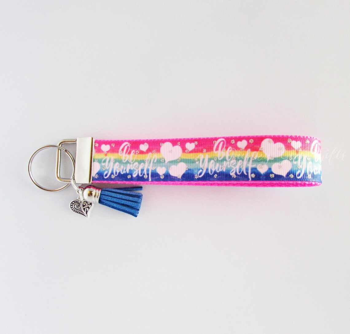 Be Yourself Rainbow Key Fob - Heart and Rainbow Key Fob - Inspirational ...